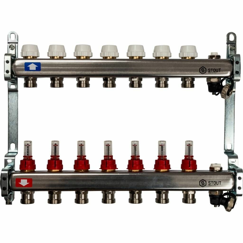 Коллектор из нержавеющей стали с расходомерами, с клапаном выпуска воздуха и сливом на 7 выходов, STOUT, SMS-0927-000007
