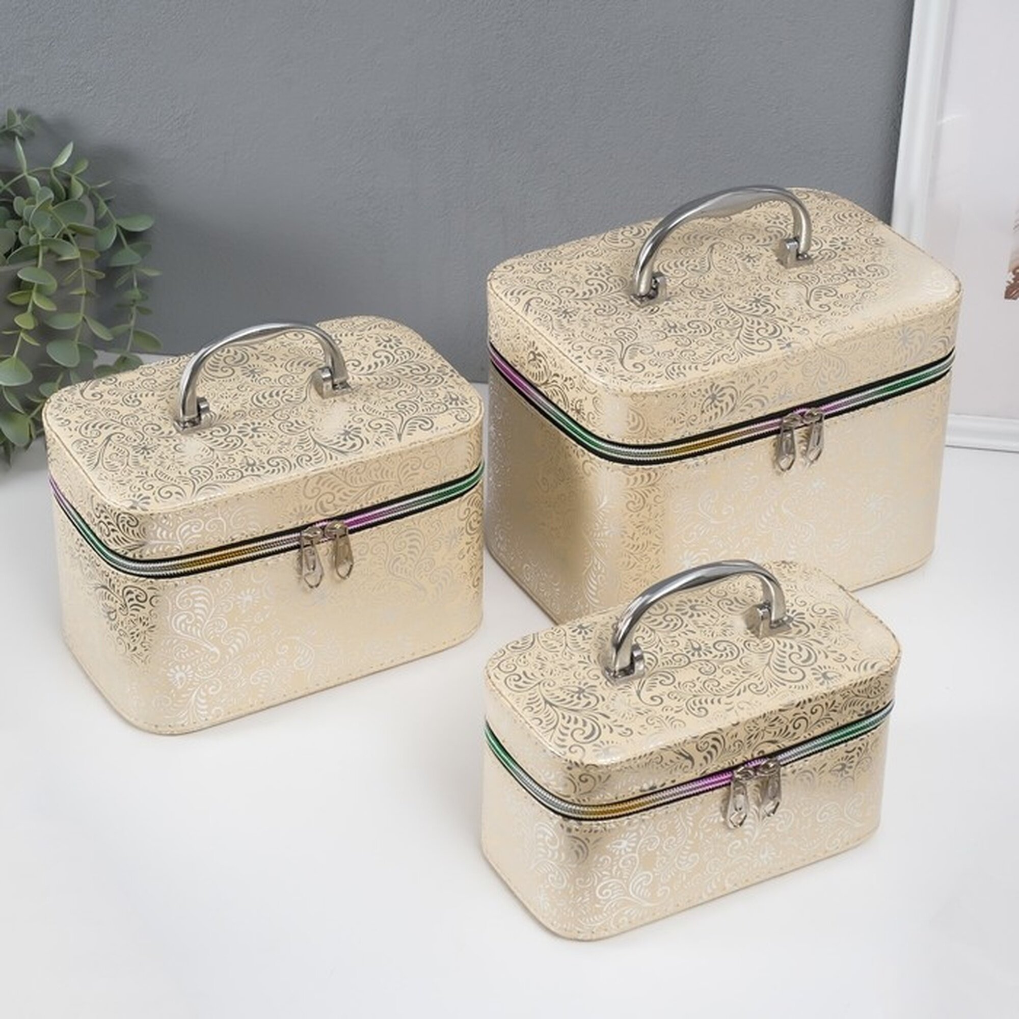Набор шкатулок для украшений с зеркалом «Узоры бабочки», 3 шт, искусственная кожа, беж