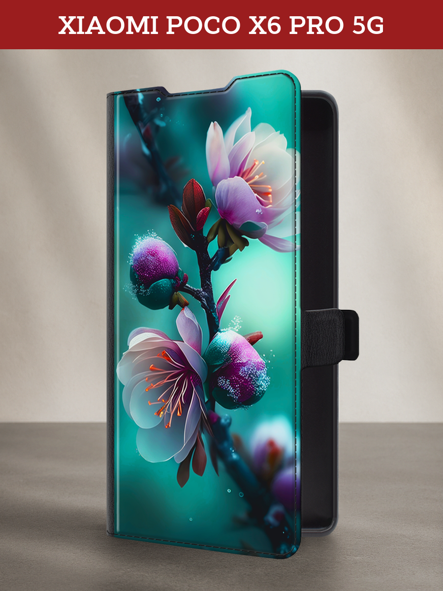 Чехол-книжка на Xiaomi Poco X6 PRO 5G / Поко X6 Про 5G с принтом Цветущая веточка, черный