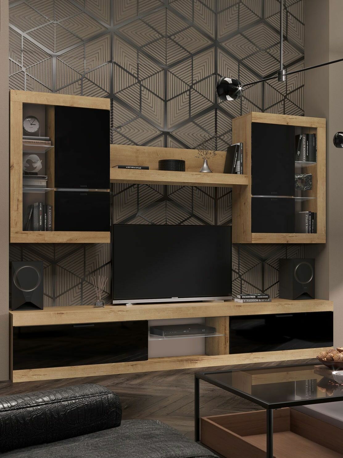 Гостиная комплект Прага, ТВ-тумба, шкаф-витрина, настенная полка, 218.6х42.6 см, Дуб Вотан / Черный глянец Без подсветки