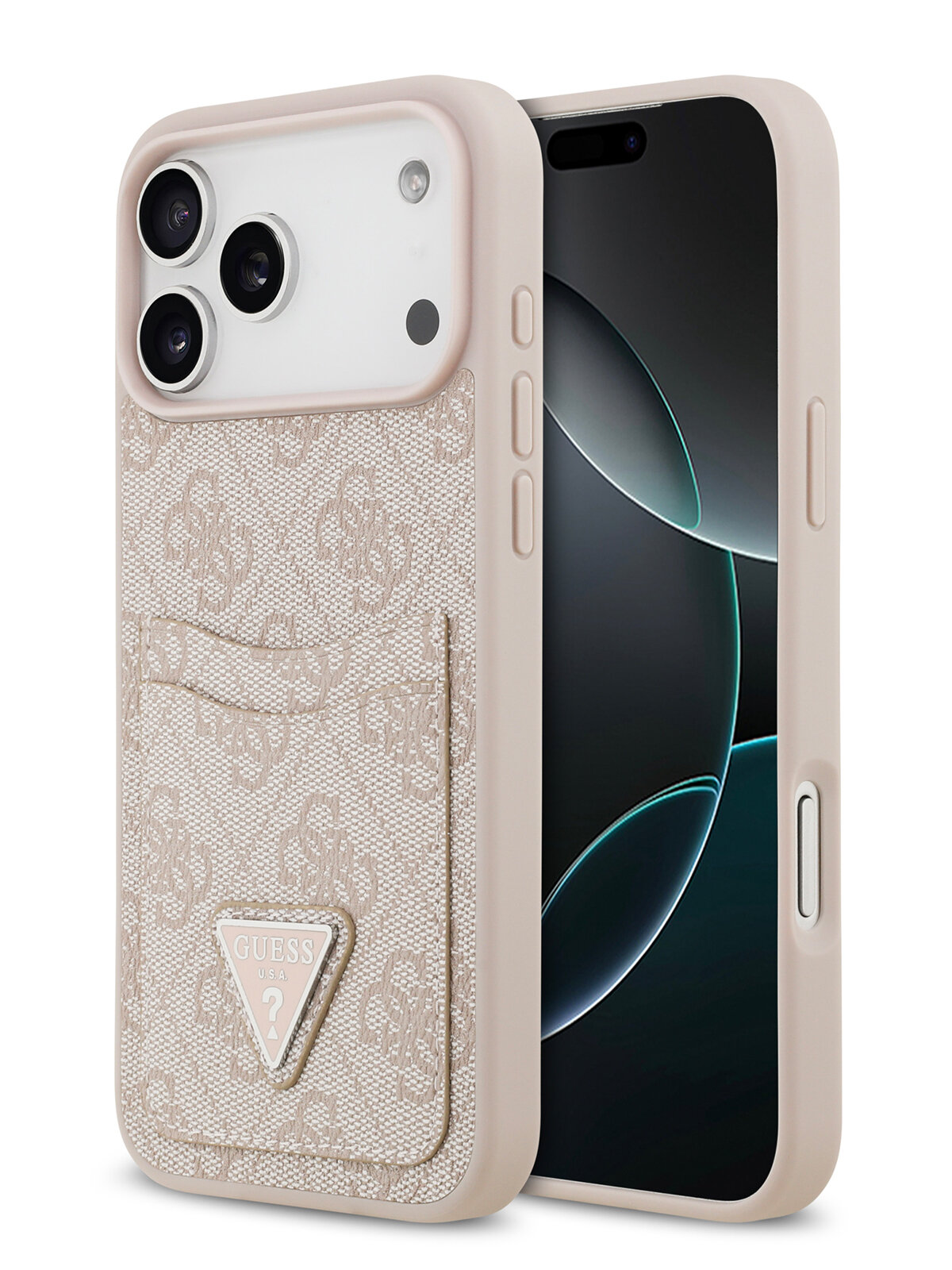 Чехол Guess на iPhone 17 Pro, с картхолдером, из экокожи с принтом 4G, розовый