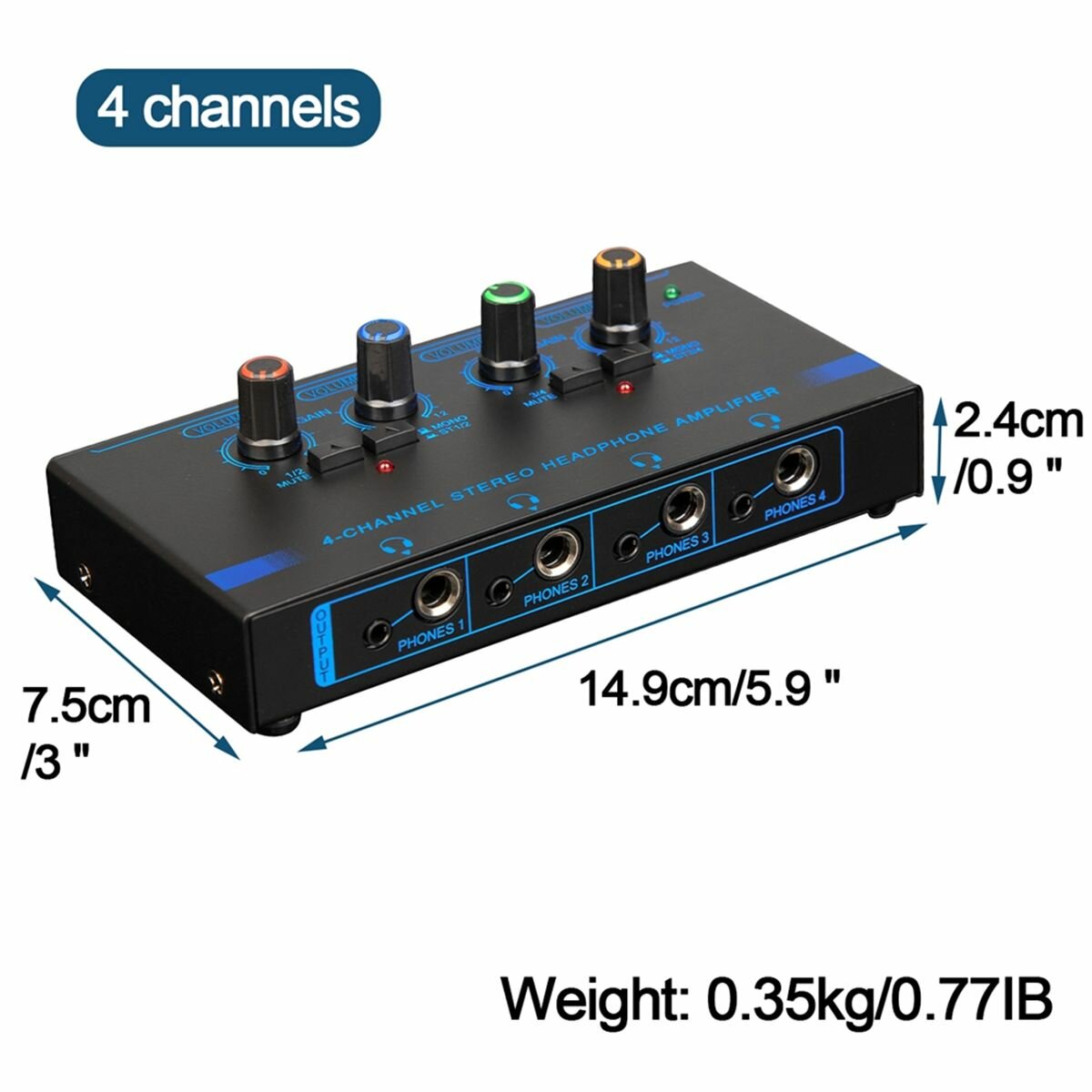 Усилитель для наушников, 4 канала, сверхкомпактный стереоусилитель с адаптером питания, усилитель для наушников 10 МГц, синий