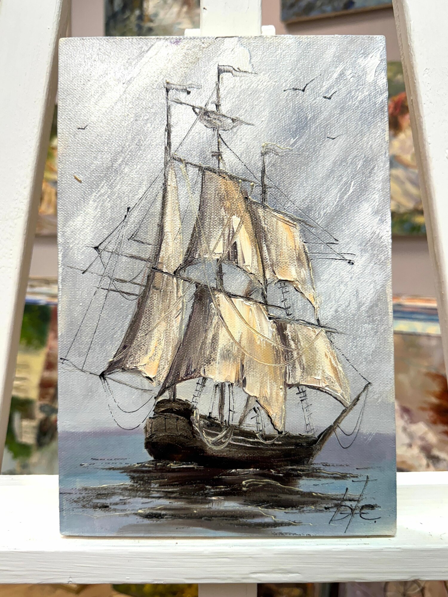 Картина маслом Морской пейзаж Парусники Корабли 20х30 см. Художественная мастерская Грёзы.