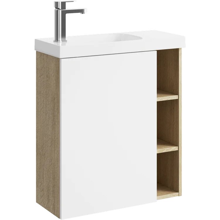 Тумба с раковиной Aqwella Alba подвесная, 60 см, белая, светлое дерево, матовая, из ЛДСП, с дверками, раковина для ванной из искусственного мрамора, прямоугольная