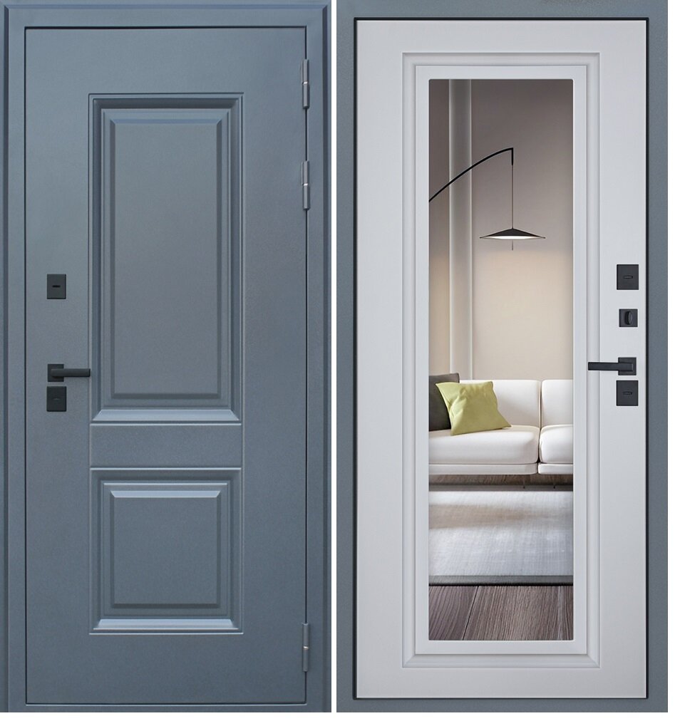 Дверь входная с терморазрывом 3 контура "Тайга", с зеркалом и внутренней панелью цвет «белый матовый», размер по коробке 960х2050, левая.