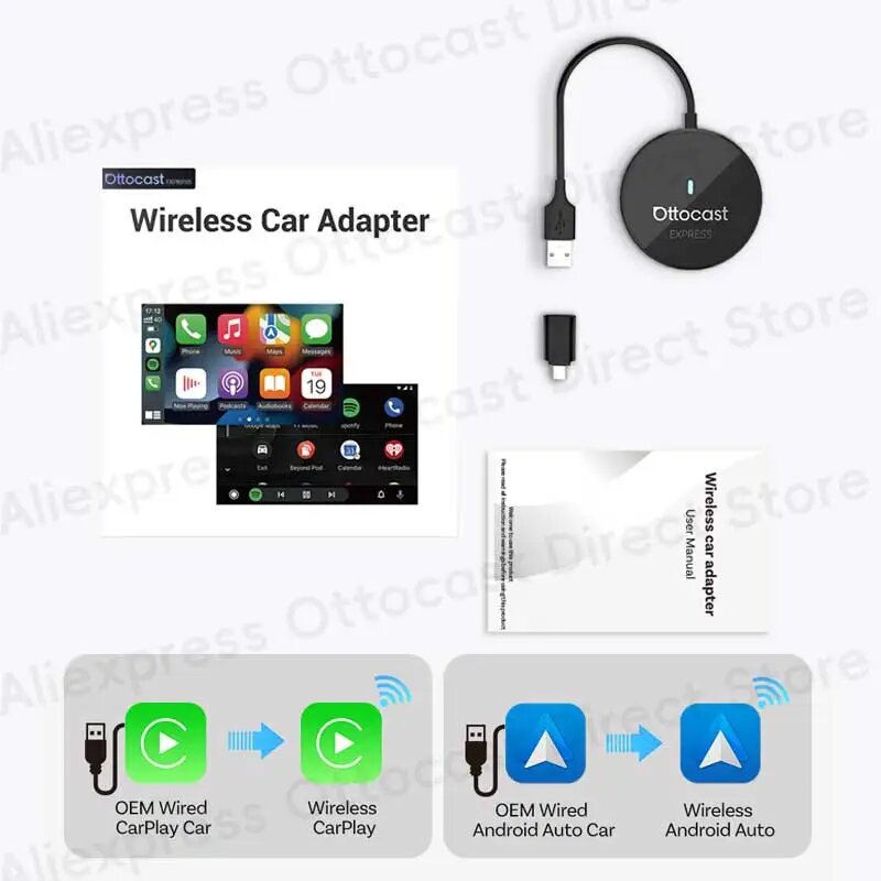 Мини-экспресс 2 в 1, беспроводной адаптер CarPlay Android Auto для Bluetooth, Wi-Fi, быстрое подключение, новые автомобильные аксессуары 2025 года, Plug and Play, Black