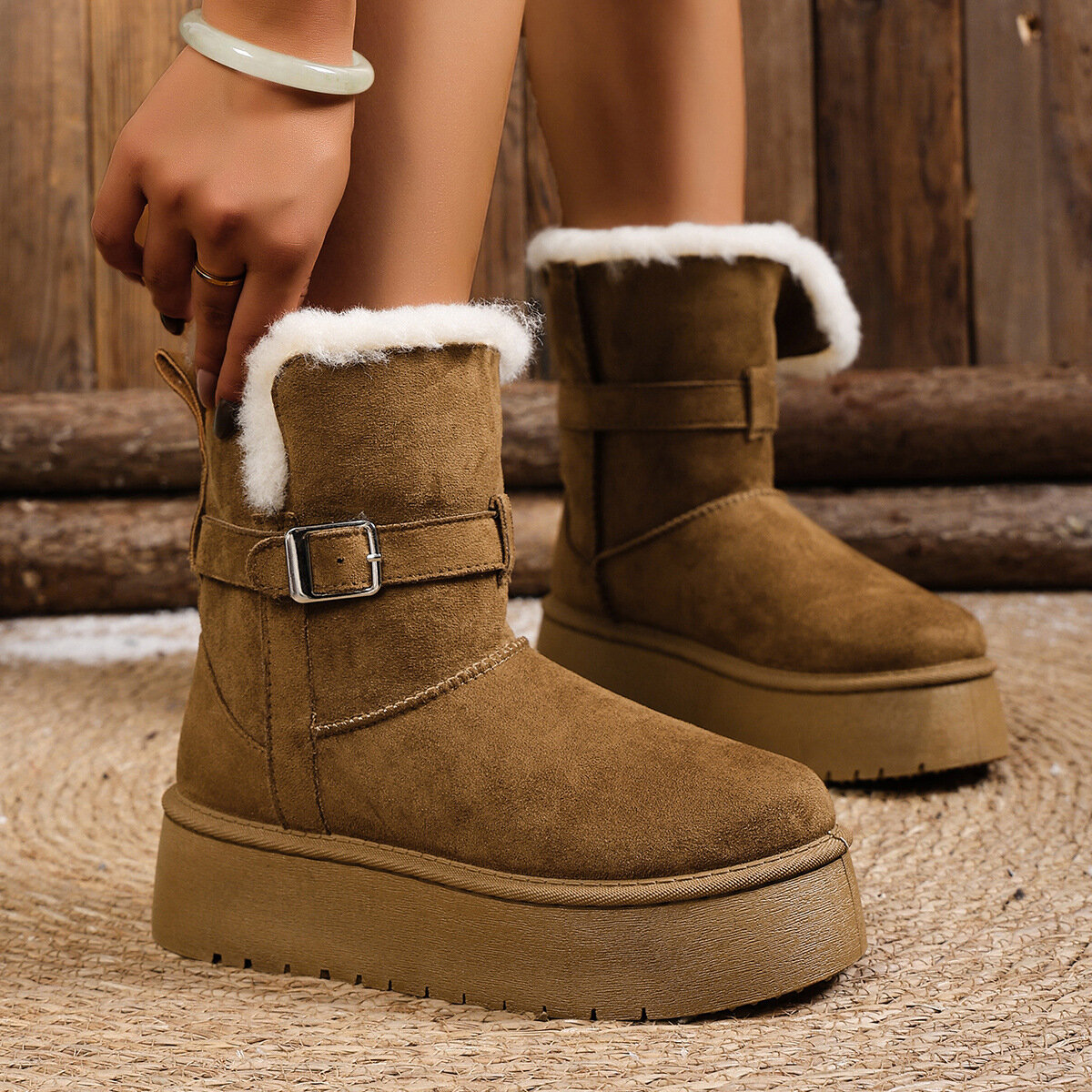 Женские зимние ботинки на толстой подошве, новые зимние ботинки 2025 года с высоким голенищем из утолщенного хлопка и бархата, хлопковые ботинки с пряжкой на поясе в стиле рыцаря