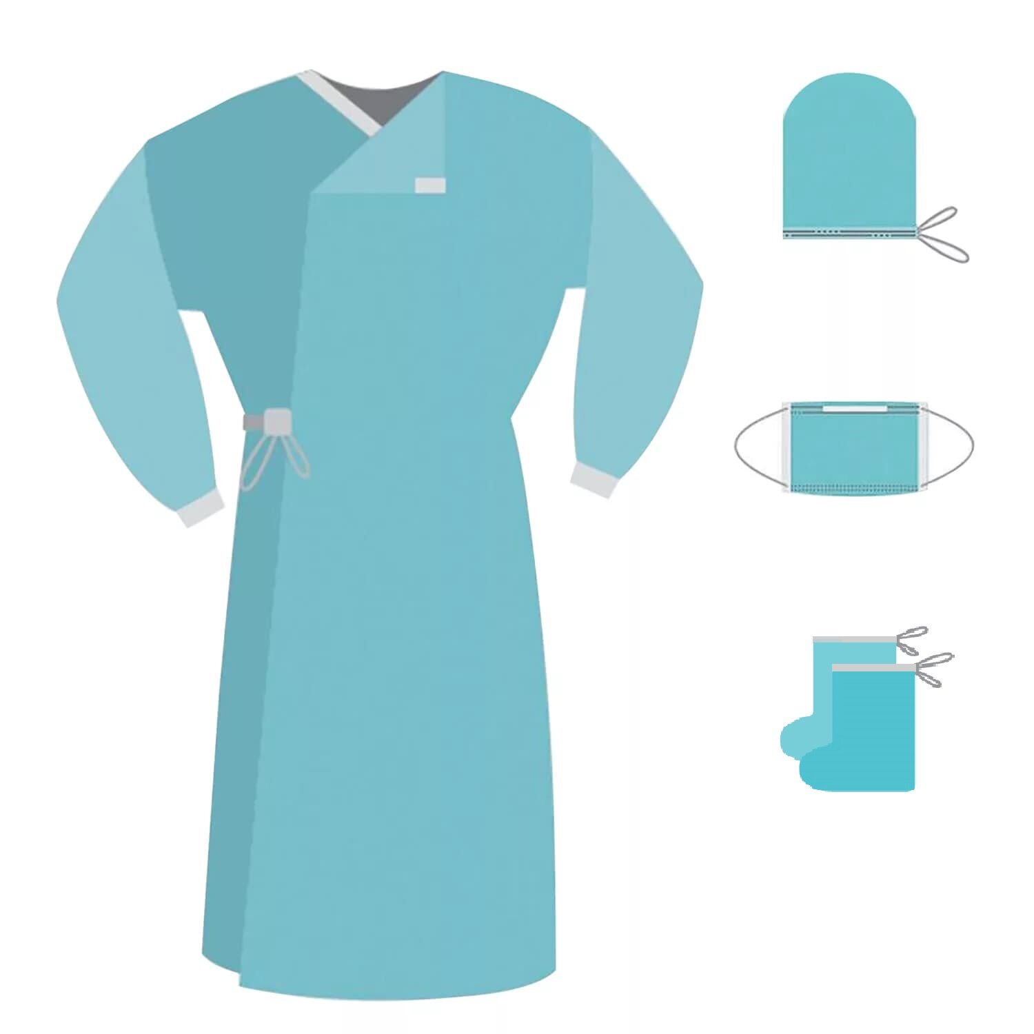 Комплект одежды и белья, хирургический, стерильный (халат, бахилы высокие, маска трехслойная, шапочка "Колпак")