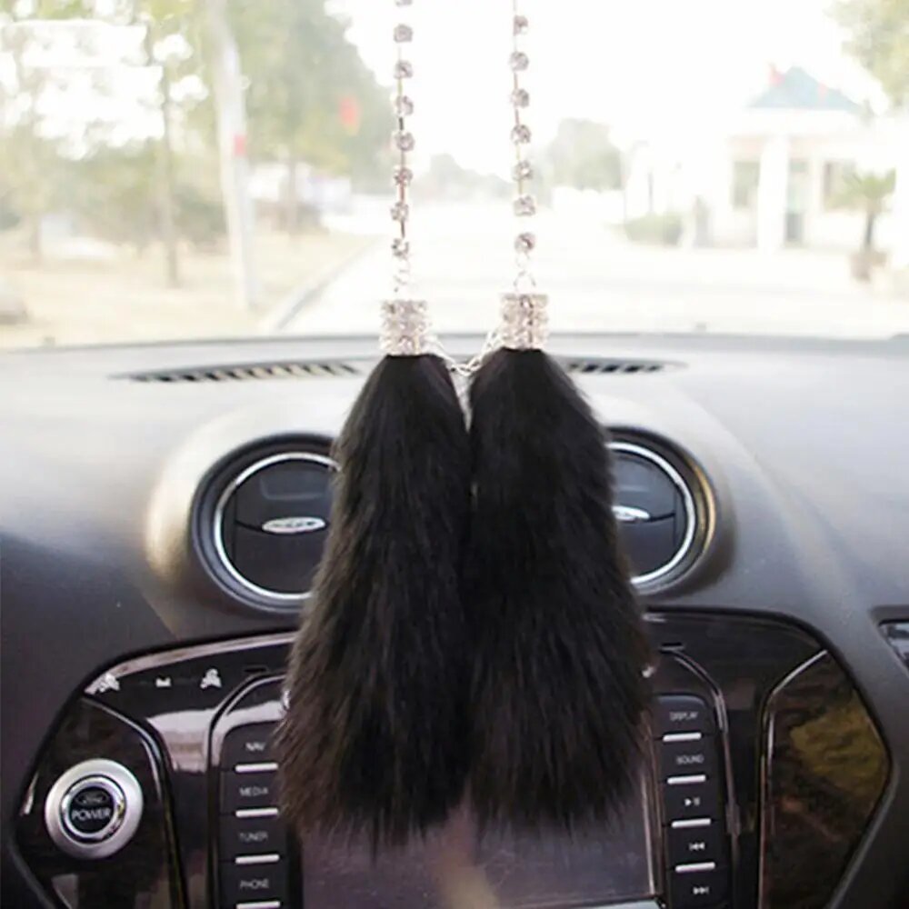 Подвеска для автомобиля из искусственного меха норки, украшение для салона автомобиля в виде зеркала заднего вида с кристаллами, лиса, подвеска из плюша, Black fox fur