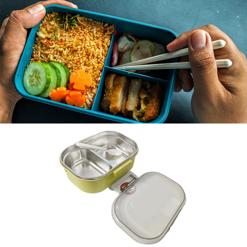 Ланч-бокс из нержавеющей стали в корейском стиле с 2 отделениями, коробка для бенто, металлический контейнер для еды для детей, взрослых, учеников, офисных работников, зеленовато-желтый цвет