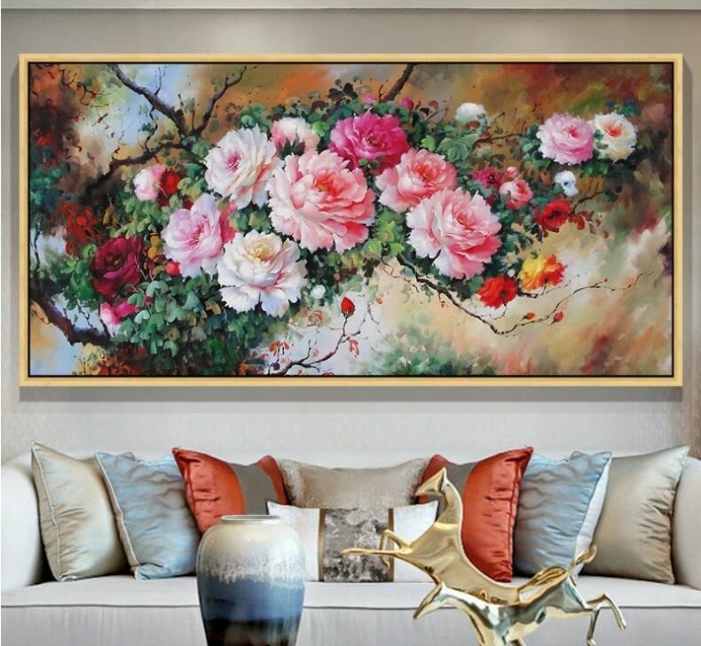 Алмазная мозаика большого размера без подрамника 120х50 см "Разноцветные пионы" / flowers diamond rhinestone painting