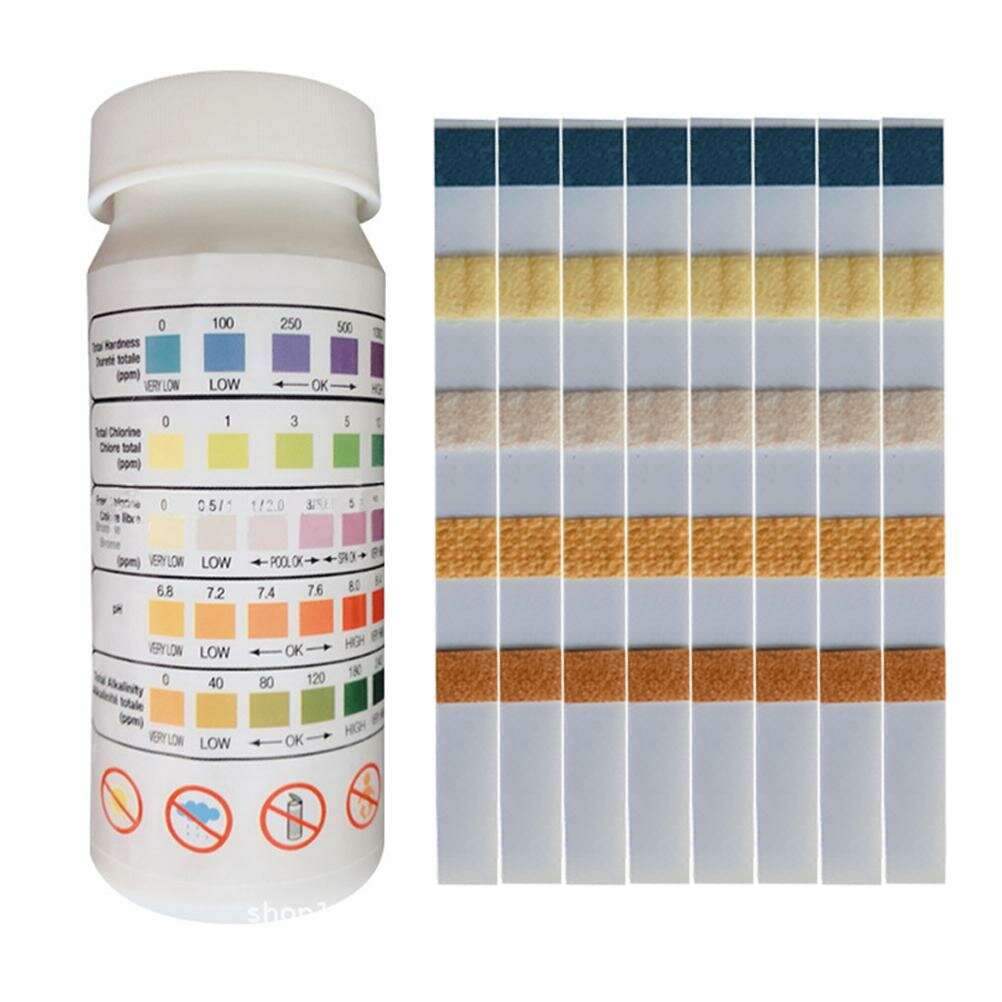 50 PCS Swimming Pool 5 In Water Quality Test Strips Multifunctional Testing Strip Kit for Residual Chlorine PH Hardness and Total Alkalinit