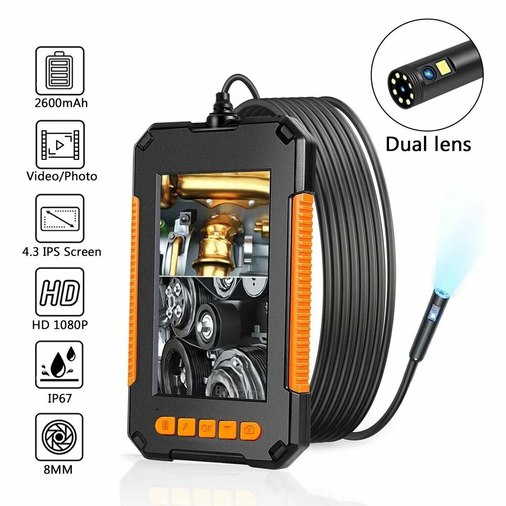 Эндоскоп камера 4, 3 "IPS экран с Двойная объективом HD 1080P, 2 м кабель