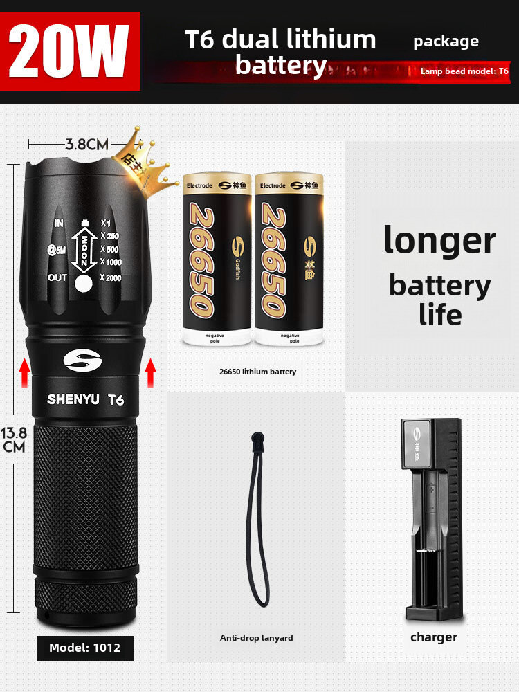 Фонарь светодиодный Shenyu, аккумуляторный, 20 Вт, с двумя батареями 26650 и одним зарядным устройством, корпус из алюминиевого сплава, для улицы и дома