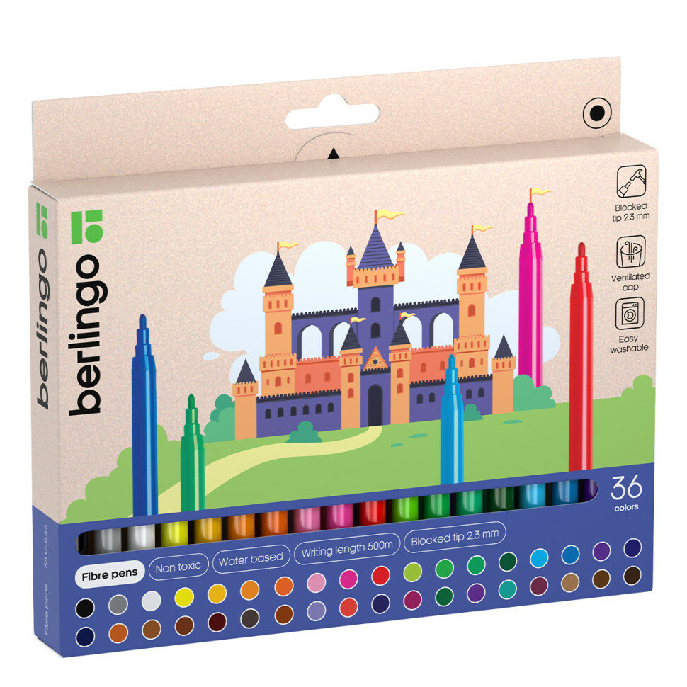Фломастеры Berlingo "Замки", 36цв, смываемые, картон, европодвес, 297227