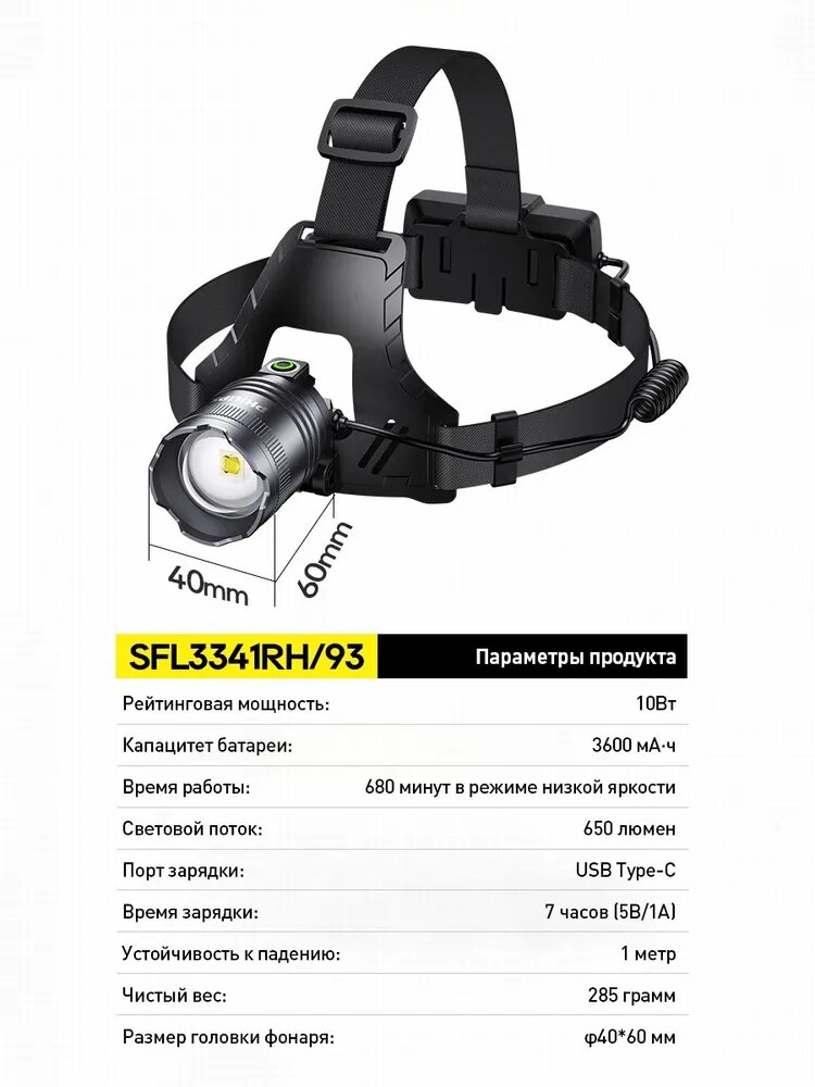 Philips Фонарь-прожектор SFL3341RH, алюминиевый, 650 люмен, 10 Вт, 3600 мАч, налобный — фото 1