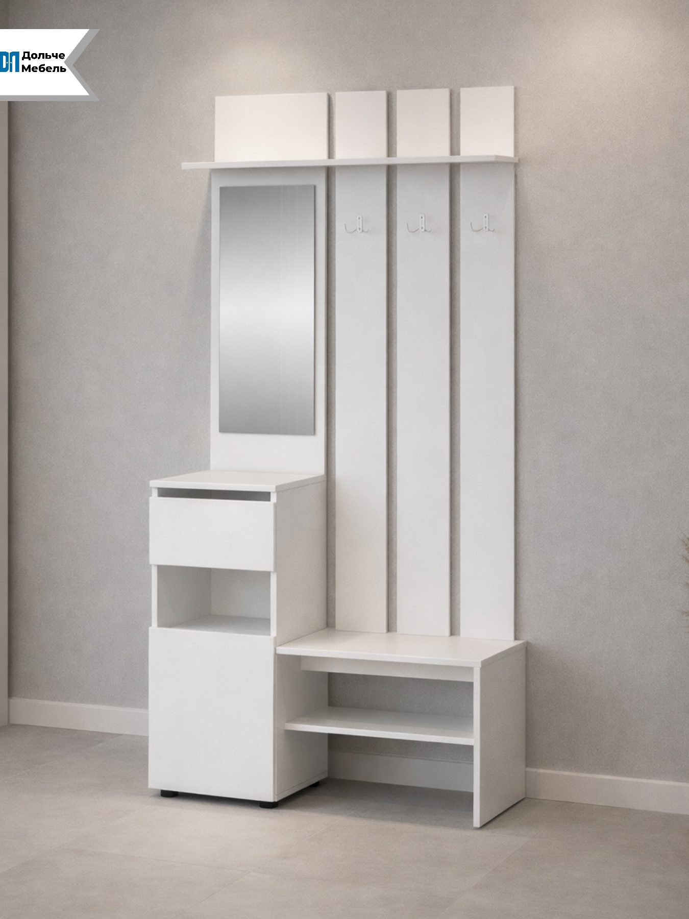 Прихожая Арника Токио 100×200×35 см, мебель в узкий коридор, вешалка с зеркалом и тумбой для обуви, цвет белый