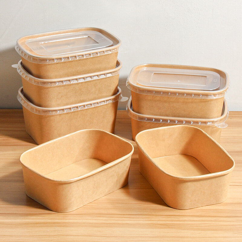 Одноразовая ланч-бокс из крафт-бумаги, прямоугольная упаковка для еды на вынос, утолщенная с крышкой, экологичная бенто-салатница