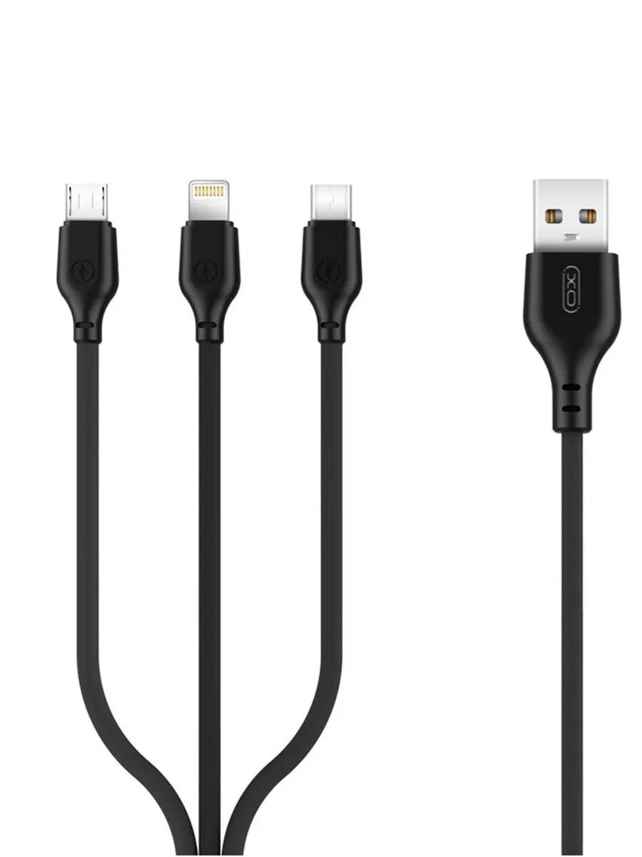 Кабель USB XO NB103 3в1 USB to Lightning+microUSB+Type-C, 2.1А, 1 метр, черный (для старых Android и iPhone 14 и ранее)