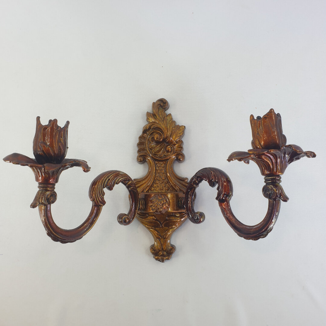 Бра настенное, канделябр, подсвечник 2-х рожковый, бронза, высота 20 см, винтаж СССР