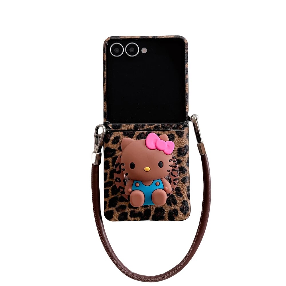 MINISO Магнитный чехол для телефона Sanrio Hello Kitty с леопардовым принтом, поддерживает беспроводную зарядку MagSafe, совместим с Samsung Galaxy Z Flip 7, 6 и 5, Ма