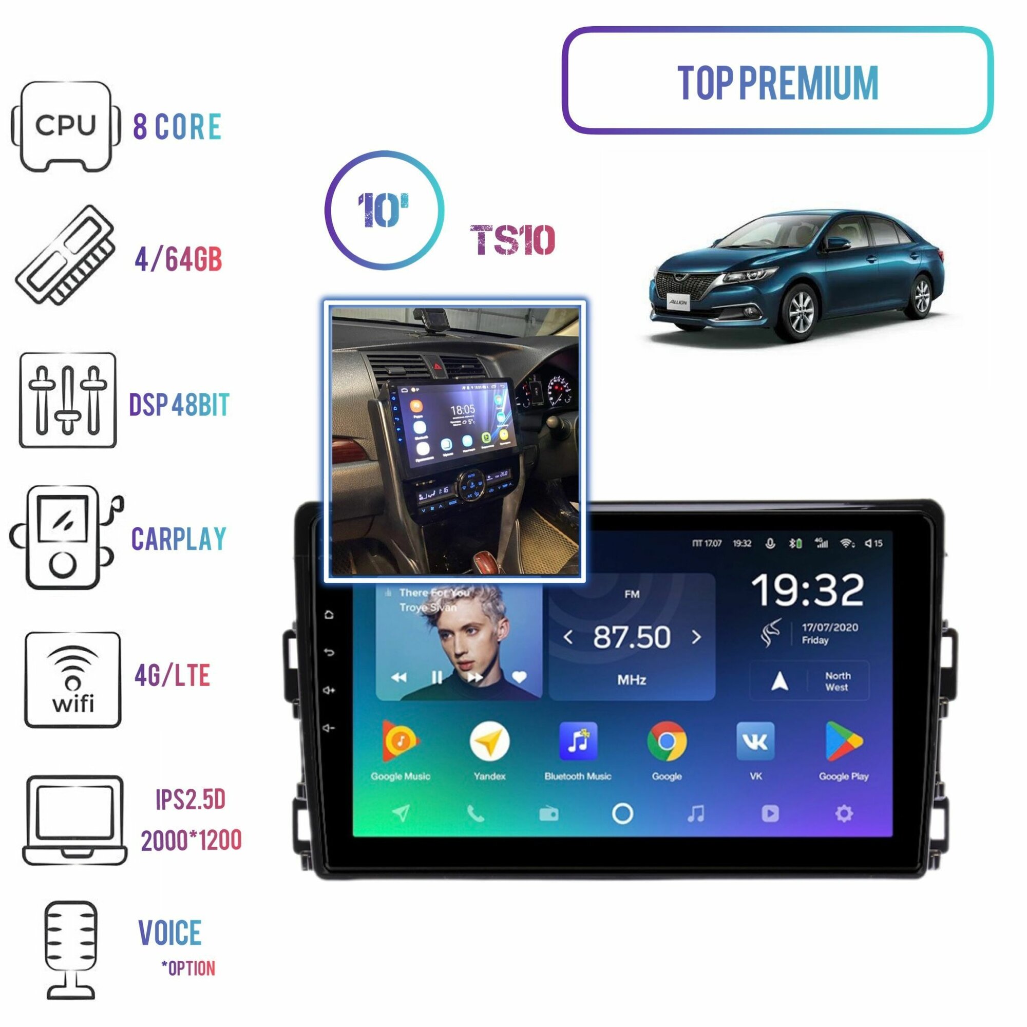 Магнитола XY AUTO TS10, Android 12, 8 ядер, 64 ГБ, голосовое управление, 2000х1200
