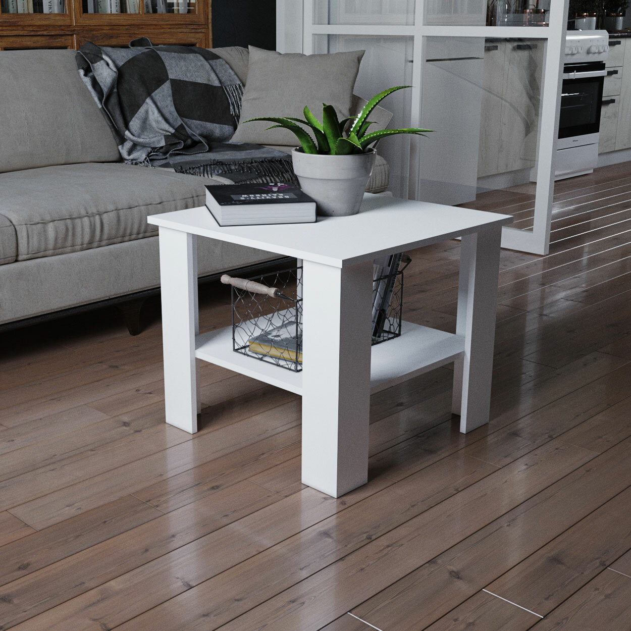 Стол журнальный с полкой в гостиную, стиль минимализм, белый/белый