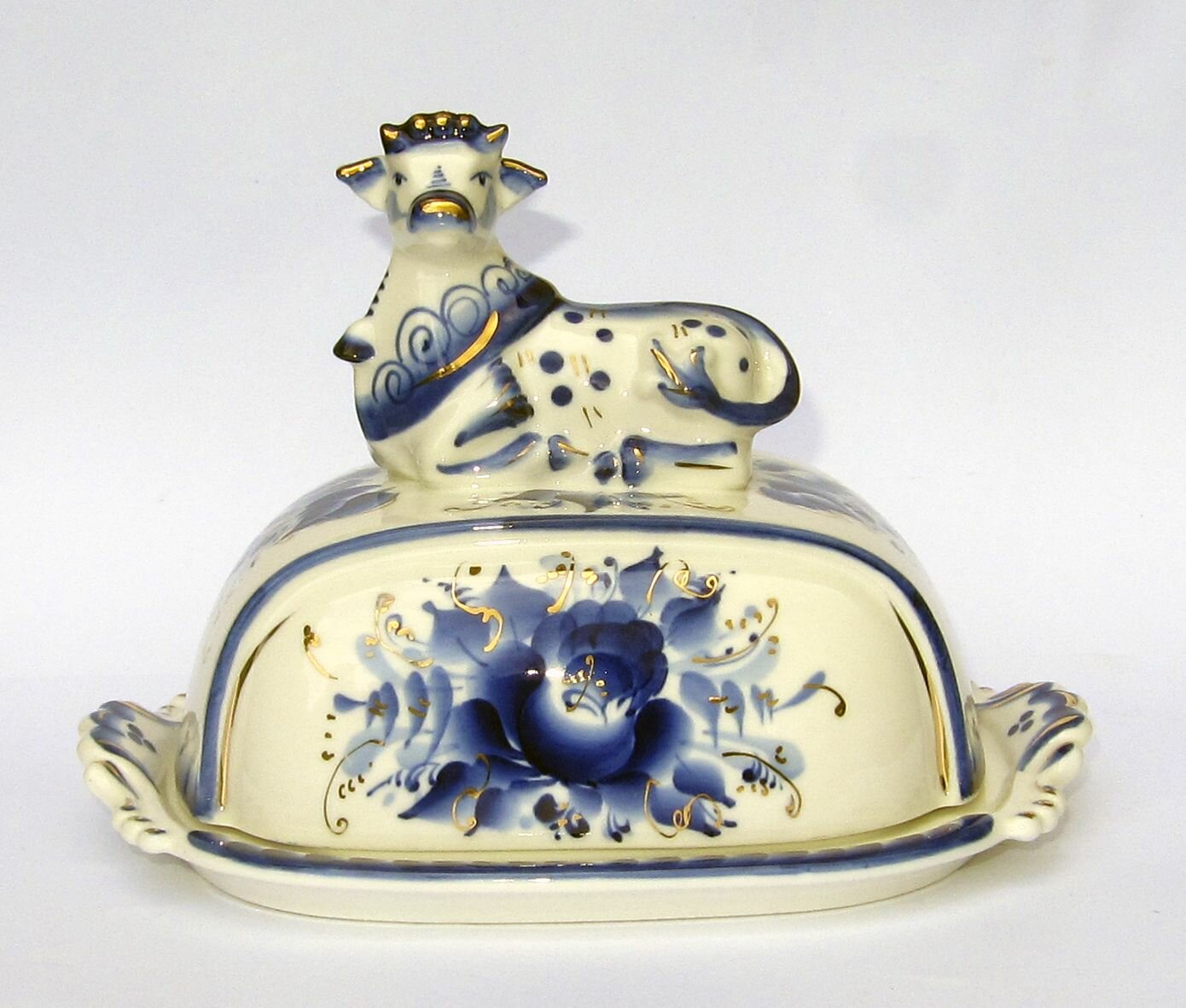 Масленка (сырница) фарфоровая Бычок Гжель с золотом. Авторская работа Россия.