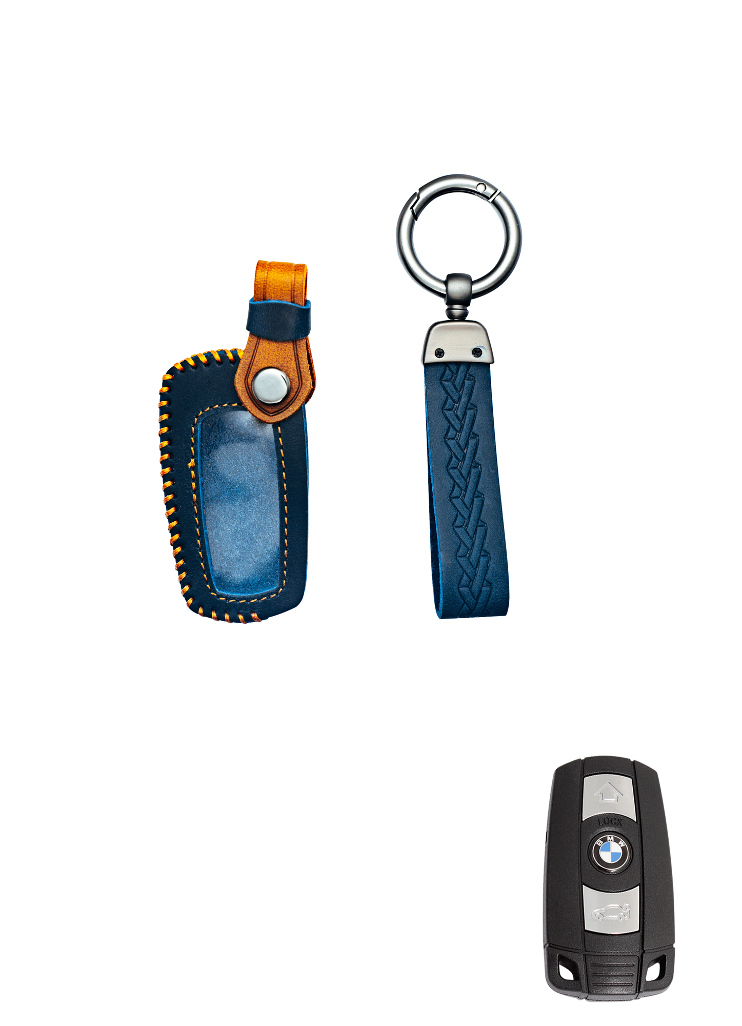 Чехол для автомобильного ключа BMW (Бмв) Цвет Синий Нить Коричневая