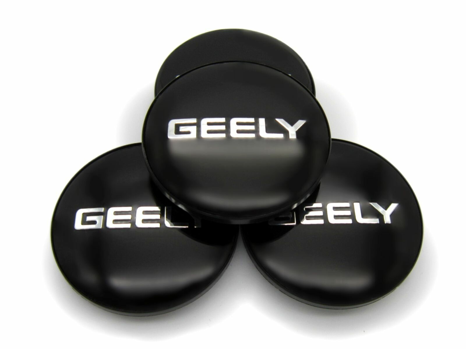 Колпачки, заглушки на литые диски КиК Geely black надпись 62/55/10, комплект 4 шт.