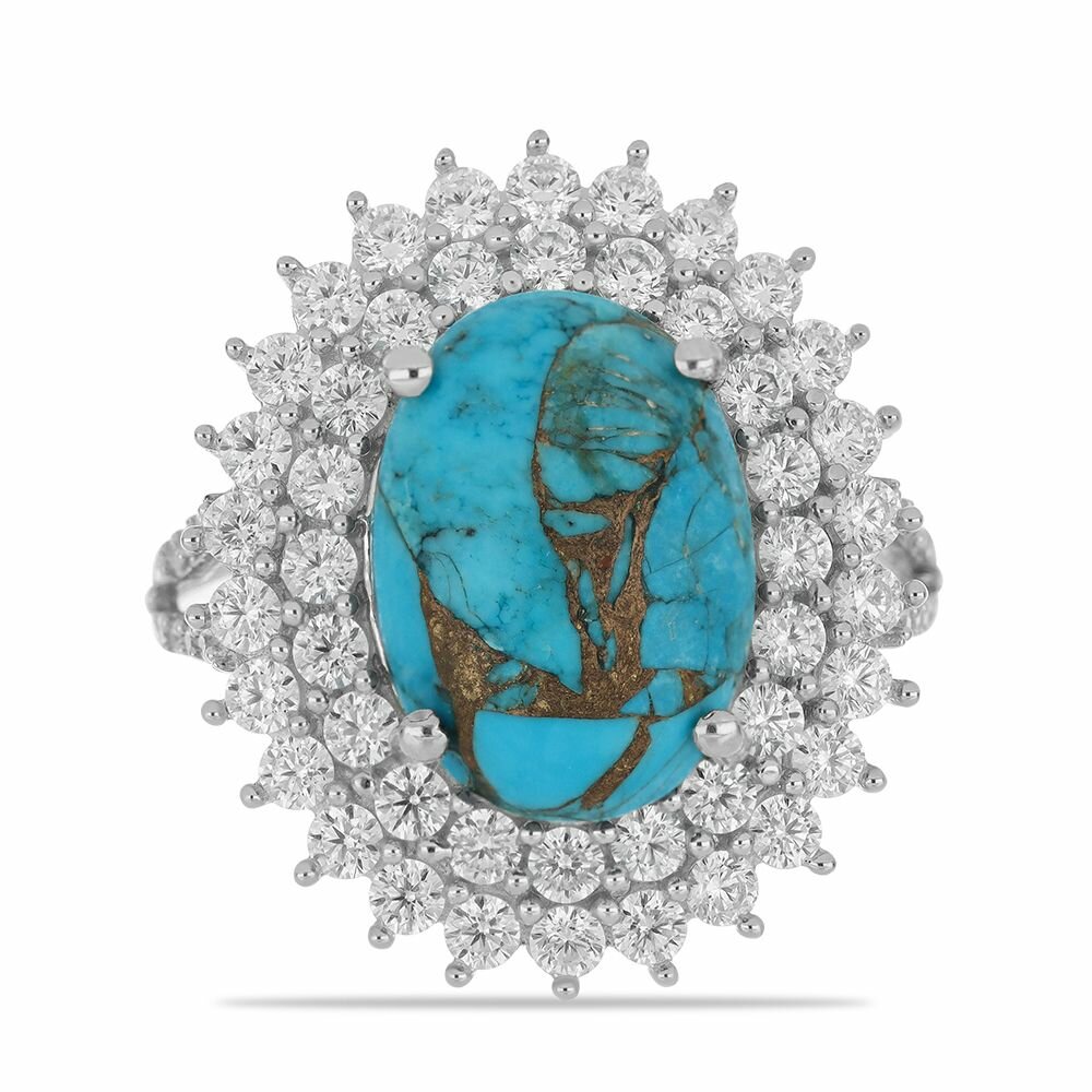 Кольцо, серебро, 925 проба, родирование, фианит, бирюза