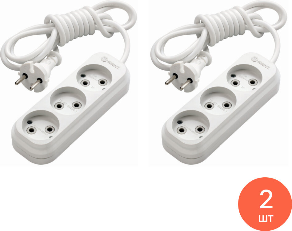 Удлинитель бытовой Makel / Макел MGP 123 без заземляющих контактов, ПВС 2x0.75, 3 метра 3 розетки, белый MGP123 (комплект из 2 шт)