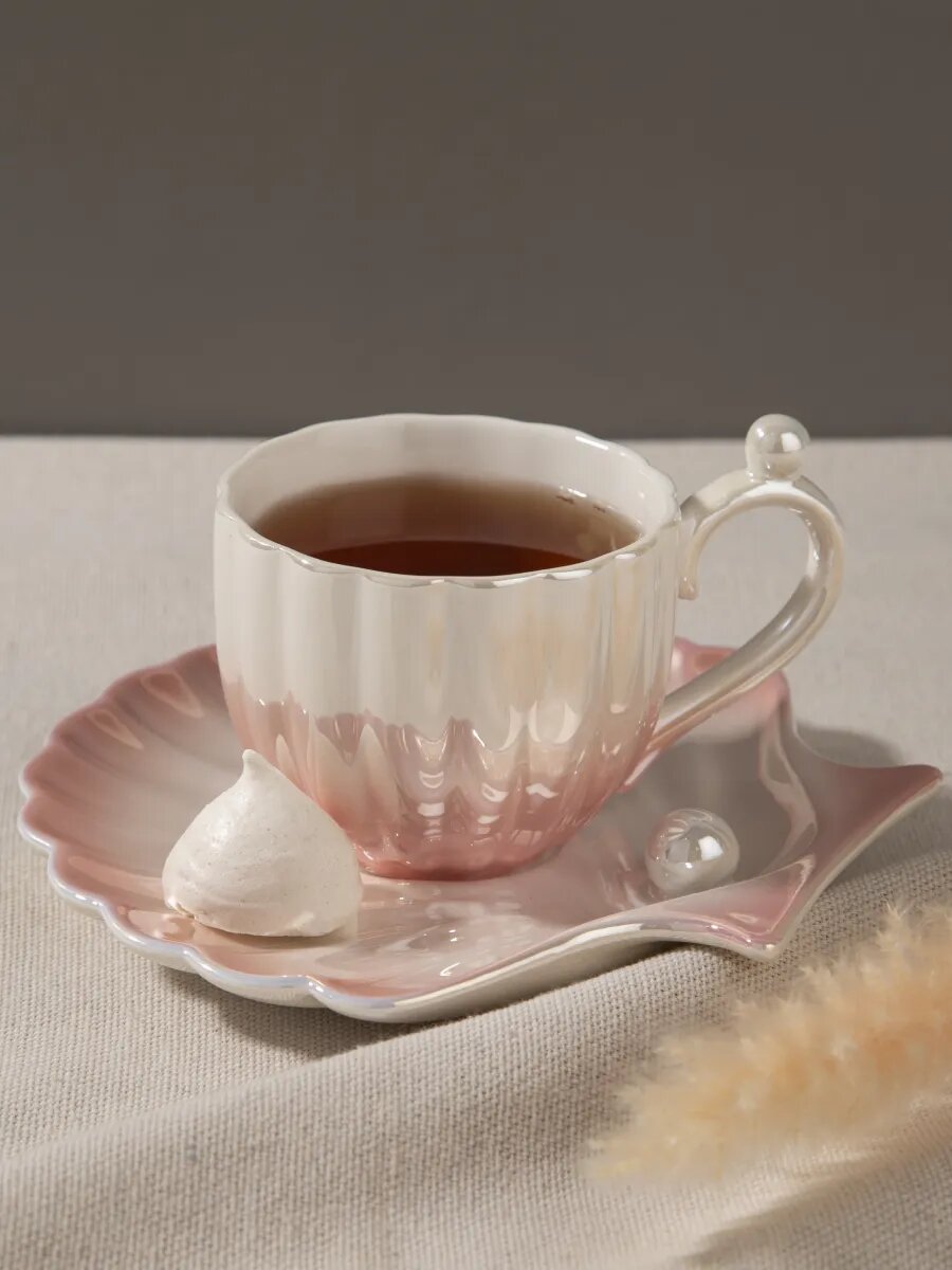 Чайная пара от бренда "Тепло в руках" - "Ракушка бело-розовая", керамика, бежевый/розовый цвет, для дома и офиса