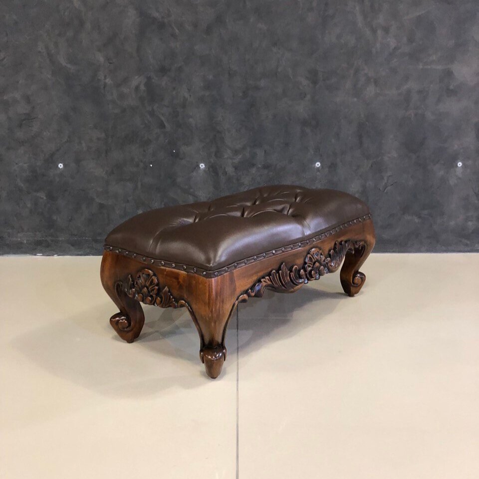 Пуф приставной для ног с кожаной обивкой DOMKORLEONE, красное дерево (mahogany wood), цвет орех HP (коричневый)