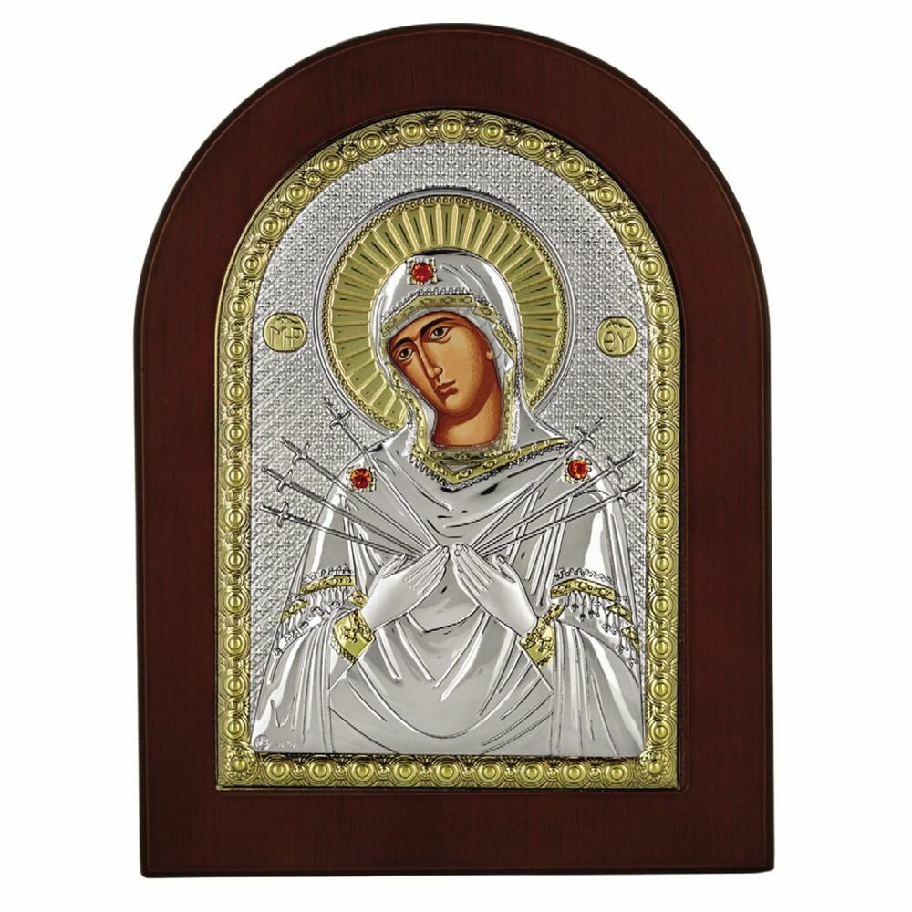 Семистрельная икона Божьей Матери в серебряном окладе 15 х 21 см. (15 х 21 см / Со стразами и позолотой на окладе)