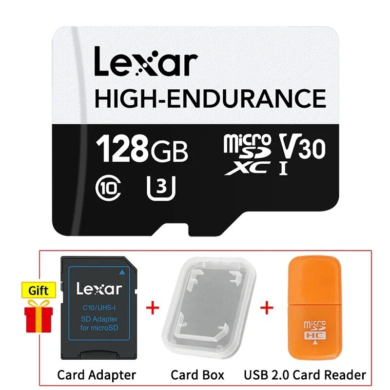 Lexar 128GB High Endurance microSDXC V30 карта памяти с адаптером и кардридером