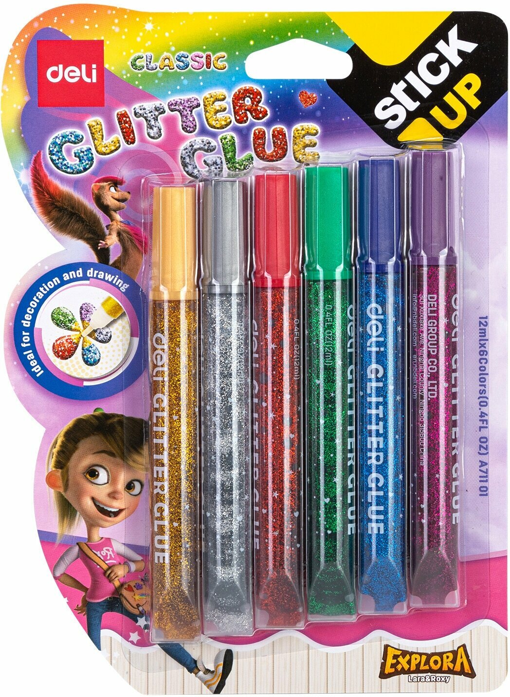 Клей-гель Deli EA71101, с блестками, 6 шт.