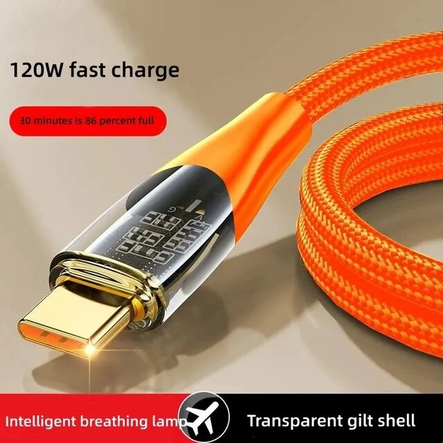 Кабель USB Type-C Для Быстрой Зарядки 120 Вт Для Xiaomi 12, Redmi Note 11, Samsung S23, 1m, Orange