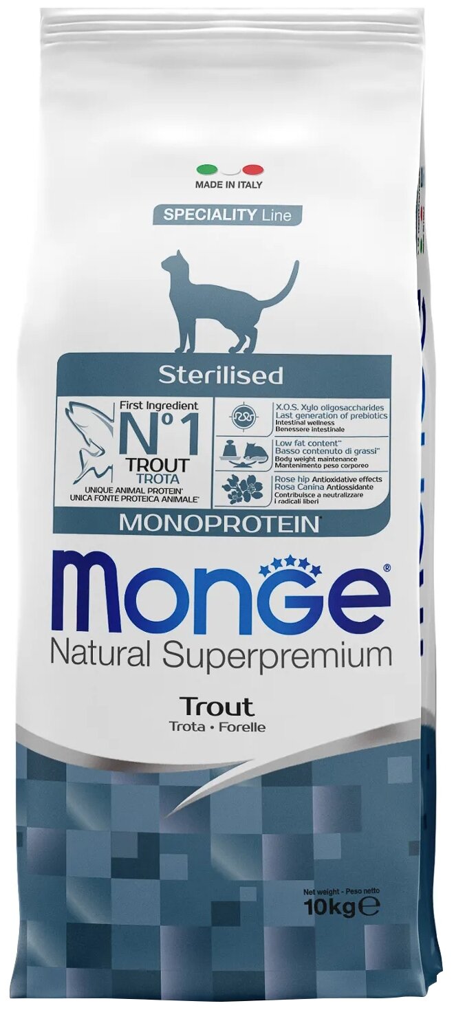 Корм для стерилизованных кошек Monge Natural Superpremium с форелью 10 кг
