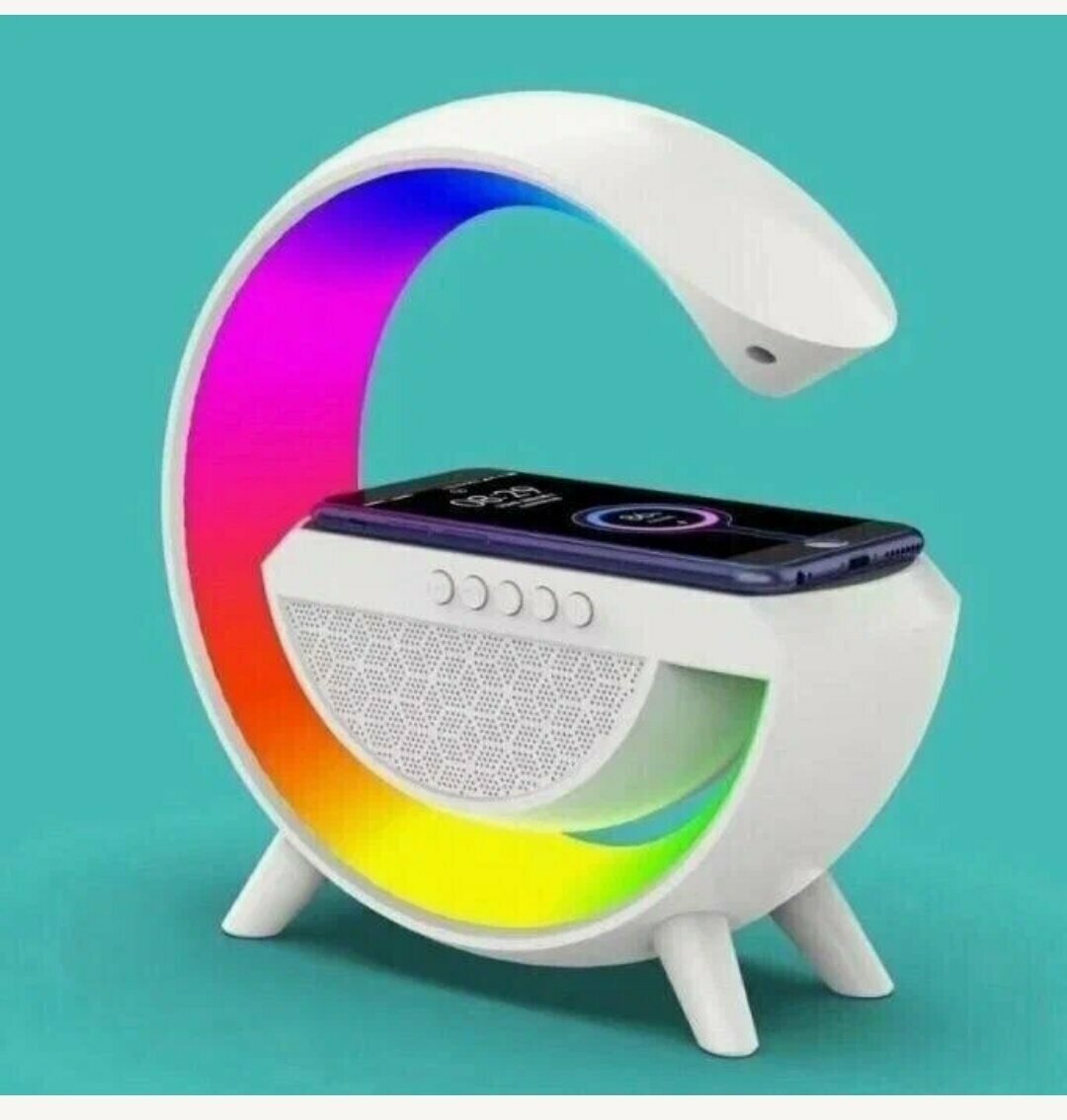 Стильный RGB Ночник с беспроводной зарядкой и Bluetooth колонкой белый