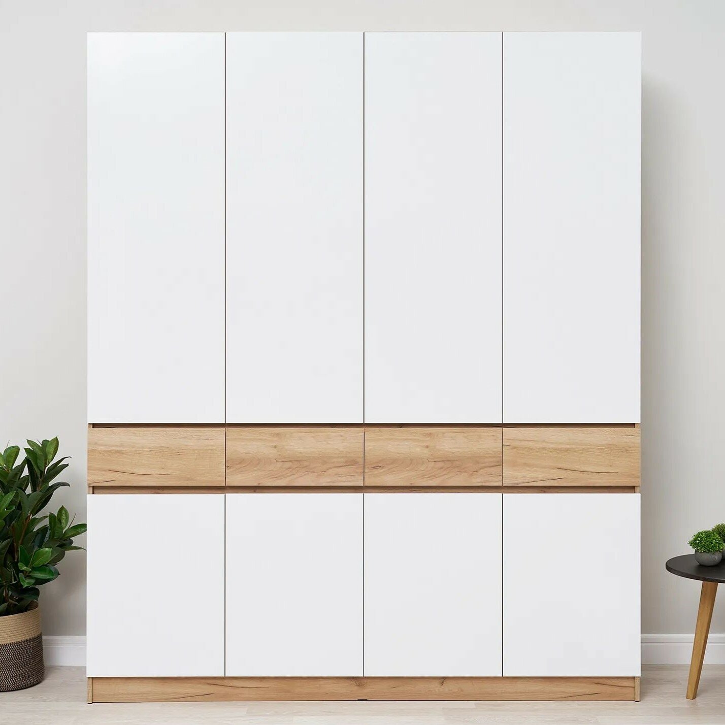 Шкаф распашной 4-х створчатый "Роджина", с ящиками штангой полками, 200х240х52 см, Дуб Крафт/Белый Глянец