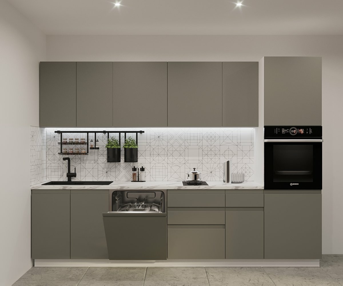 Кухонный гарнитур Лайн Обсидиан, 3000 мм, фасады МДФ, с пеналом для техники