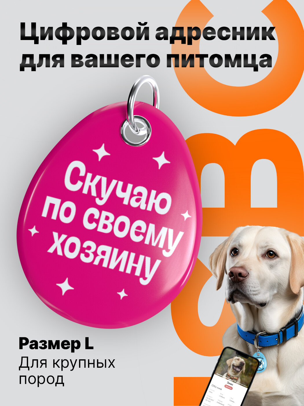 Адресник для собак средних и крупных пород от ISBC с NFC и QR-кодом, Скучаю по своему хозяину, розовый