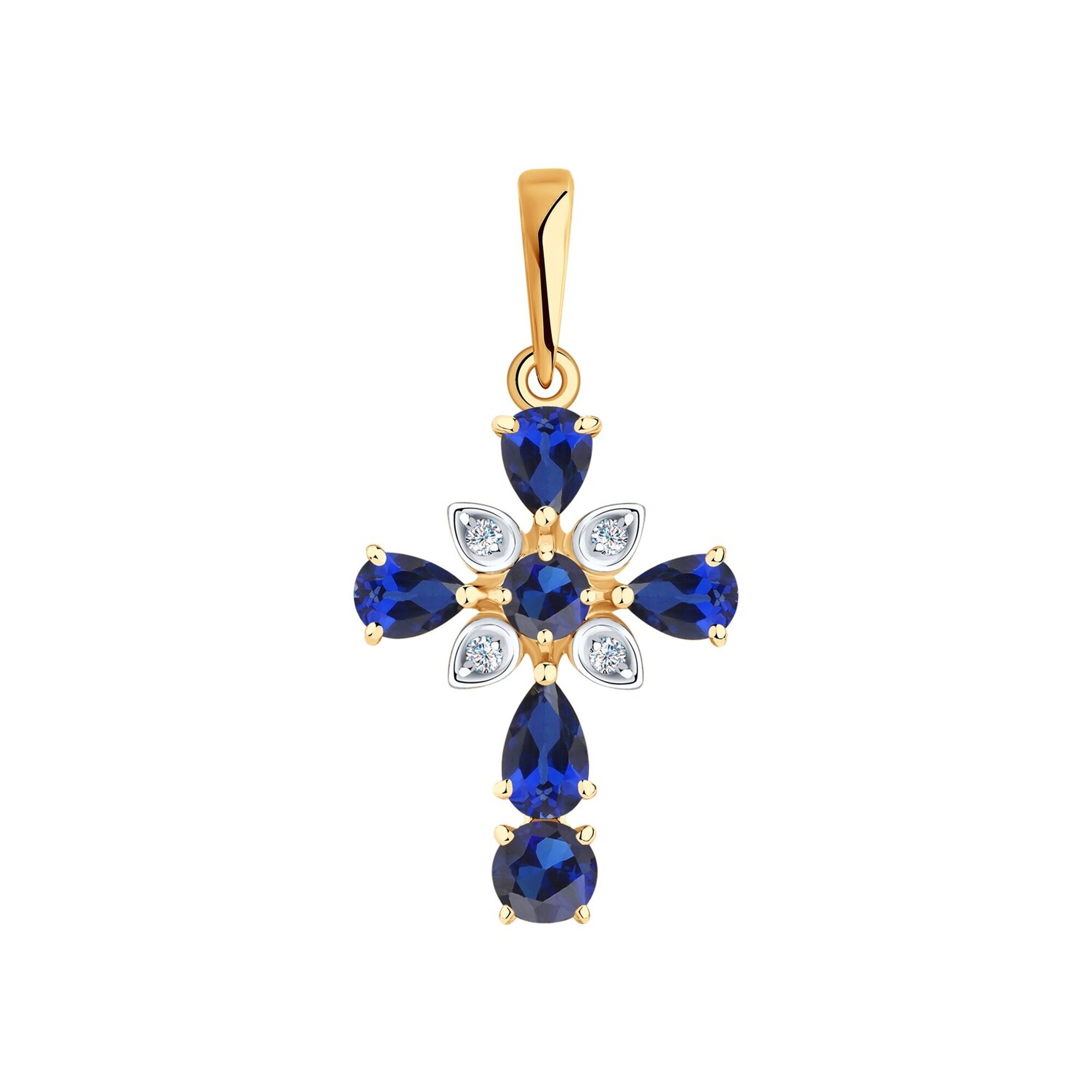 Крестик, красное золото, 585 проба, корунд, фианит