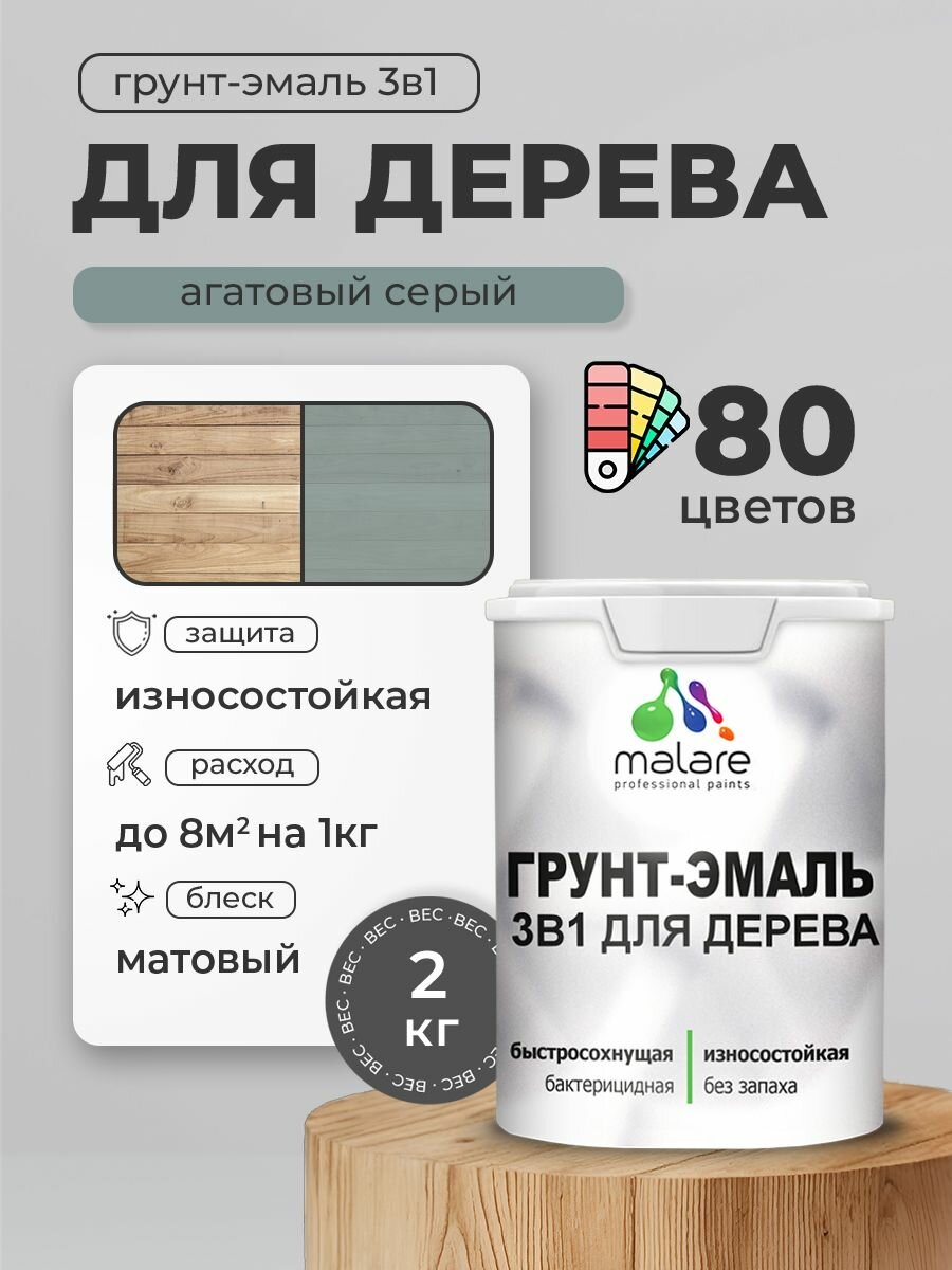 Акриловая Грунт-Эмаль 3 в 1 Malare для деревянных поверхностей/ краска по дереву с антисептическим эффектом/ быстросохнущая моющаяся без запаха матовая, агатовый серый, 2 кг