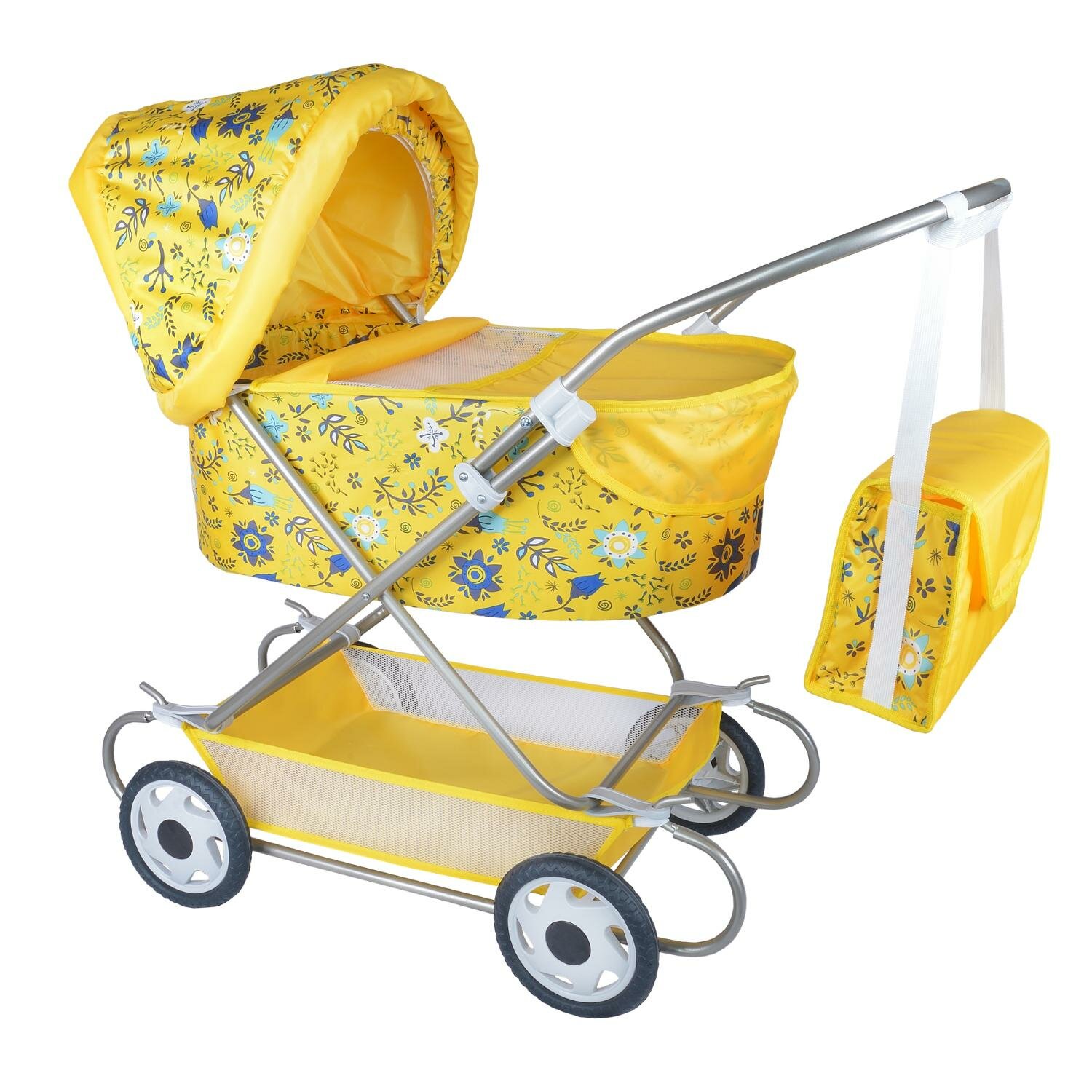 Коляска для кукол Ясюкевич № 6 "Цветы на желтом фоне" металлическая, 80х32х83 см, с сумочкой