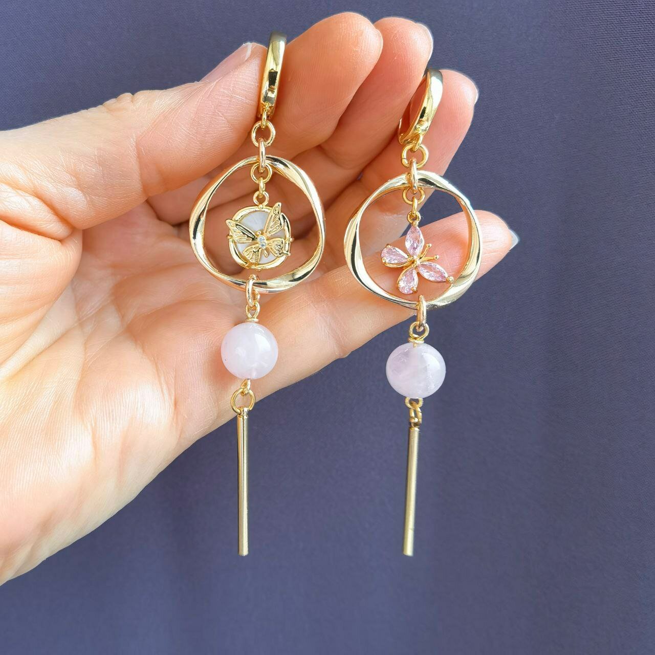 Серьги с подвесками, розовый кварц