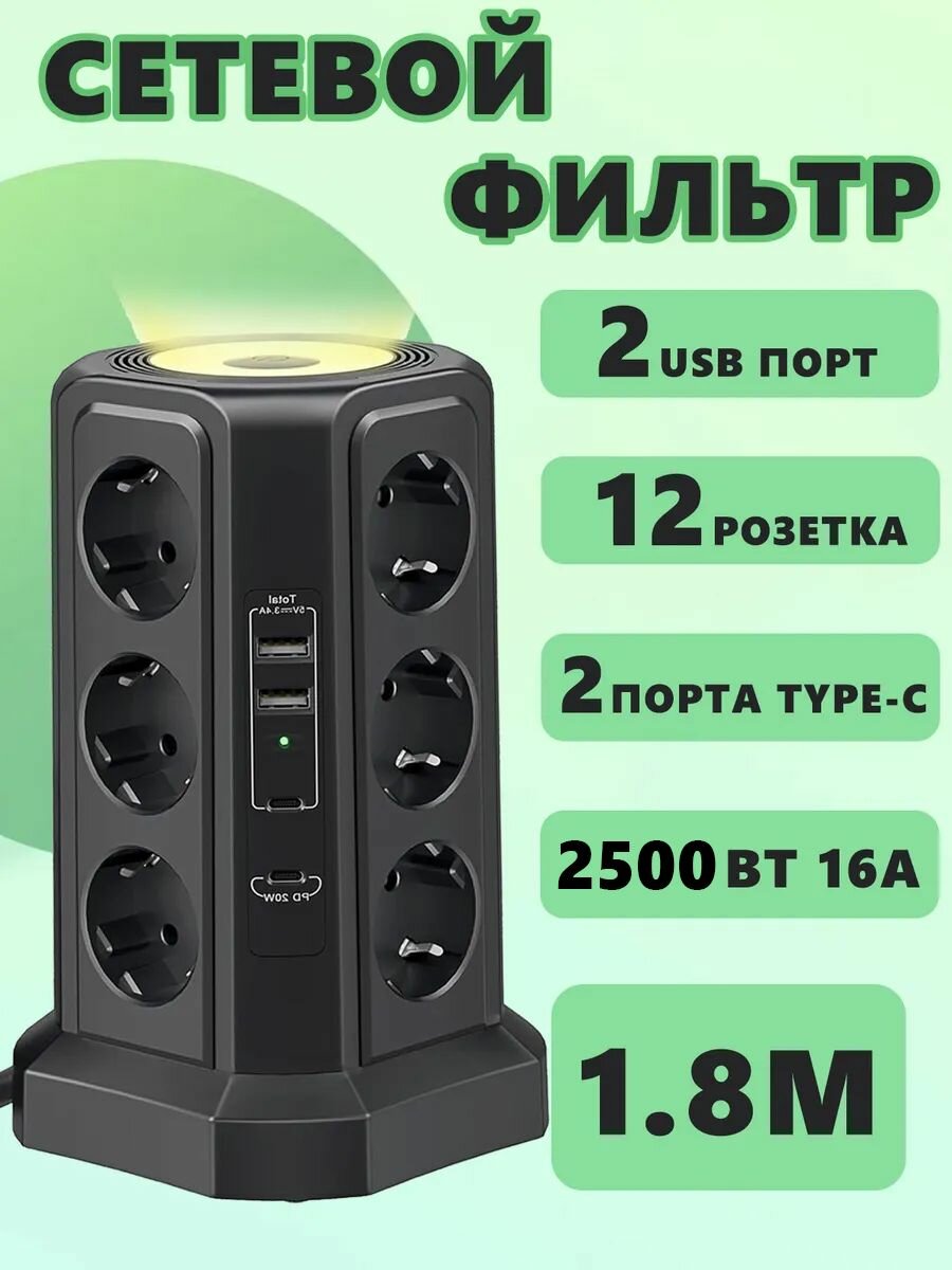 Сетевой фильтр куб, 16В/2500Вт 4 розеток с 2 USB и 2 Type-C, кабель 1.8м, Защита от перегрузки
