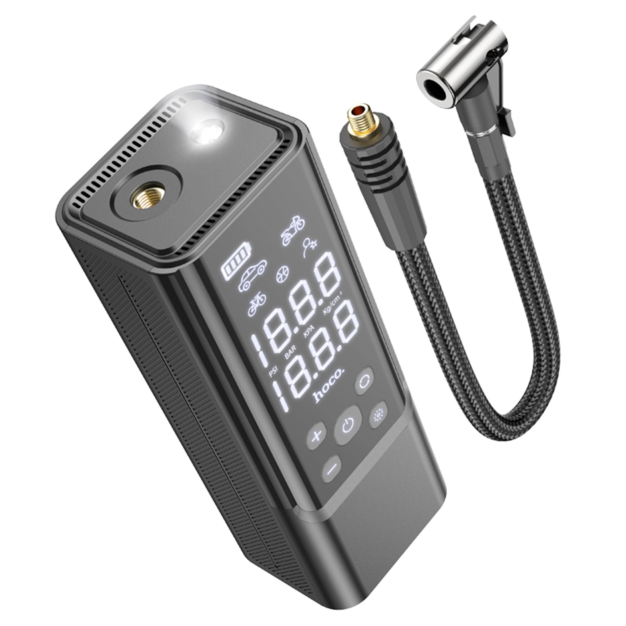 Автомобильный насос ZP7, HOCO, с аккумулятором (5000mAh, 2 колеса 205/55/R16 0-2.5Bar) и дисплеем, черный