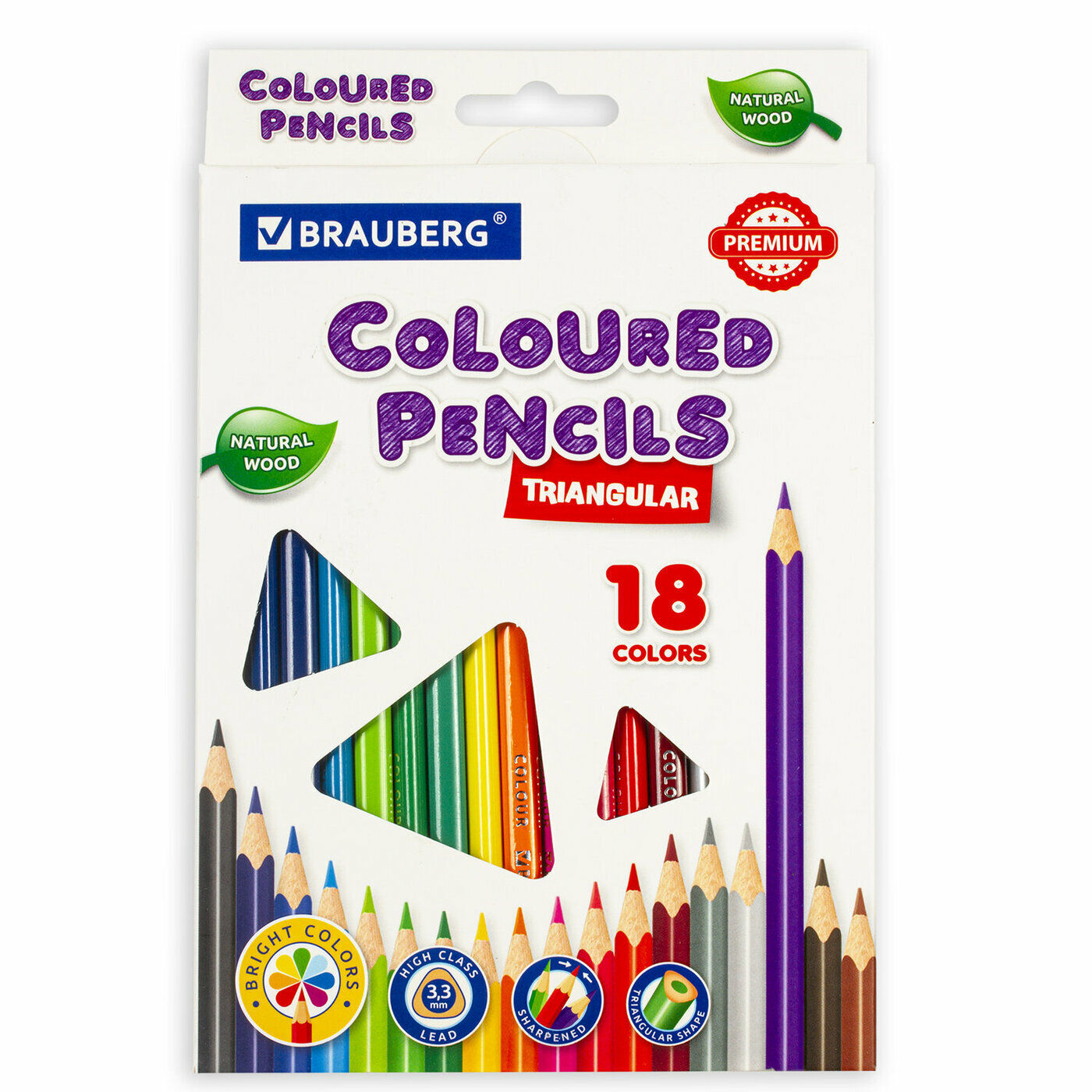 Карандаши цветные Brauberg Premium, 18 цветов, трехгранные, грифель мягкий, 3,3 мм (181652)